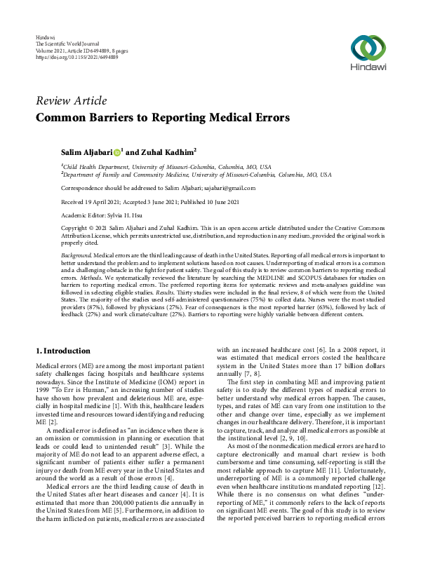 (PDF) Common Barriers to Reporting Medical Errors
