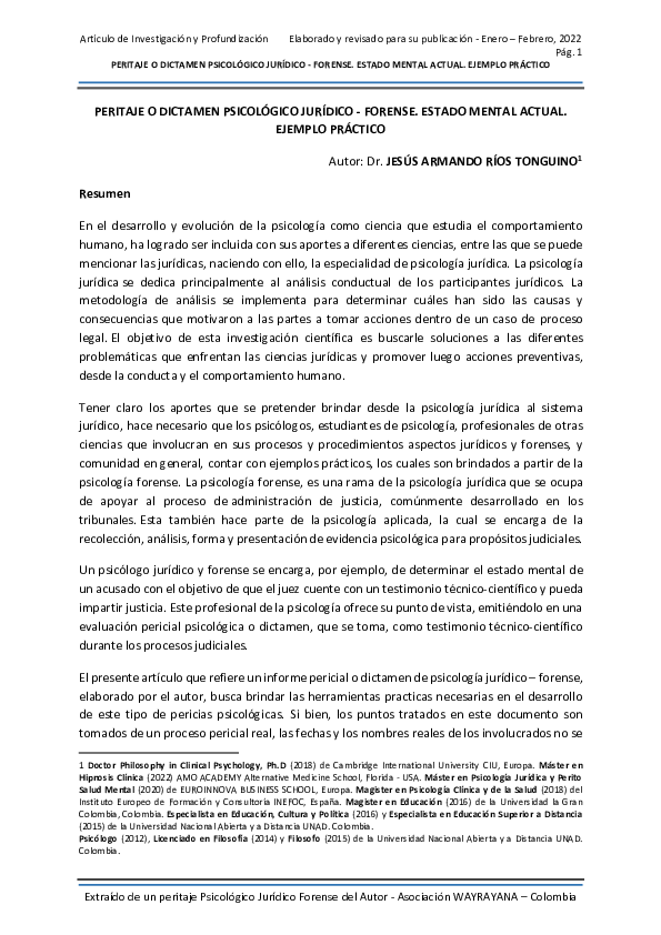 (PDF) PERITAJE O DICTAMEN PSICOLÓGICO JURÍDICO -FORENSE. ESTADO MENTAL ACTUAL. EJEMPLO PRÁCTICO