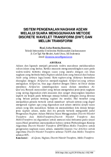 Pdf Sistem Pengenalan Nagham Adzan Melalui Suara Menggunakan Metode Discrete Wavelet Transform