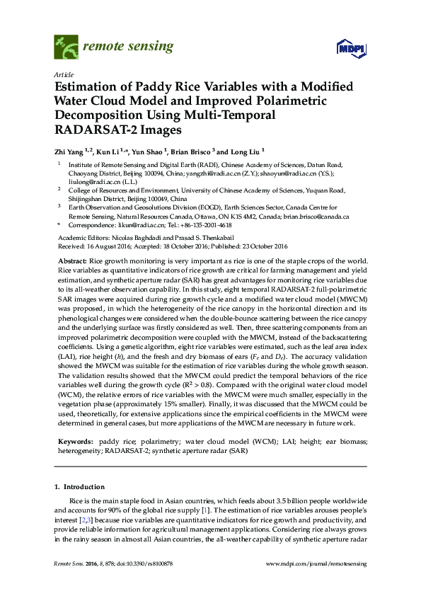 (PDF) Estimation of Paddy Rice Variables with a Modified Water Cloud ...