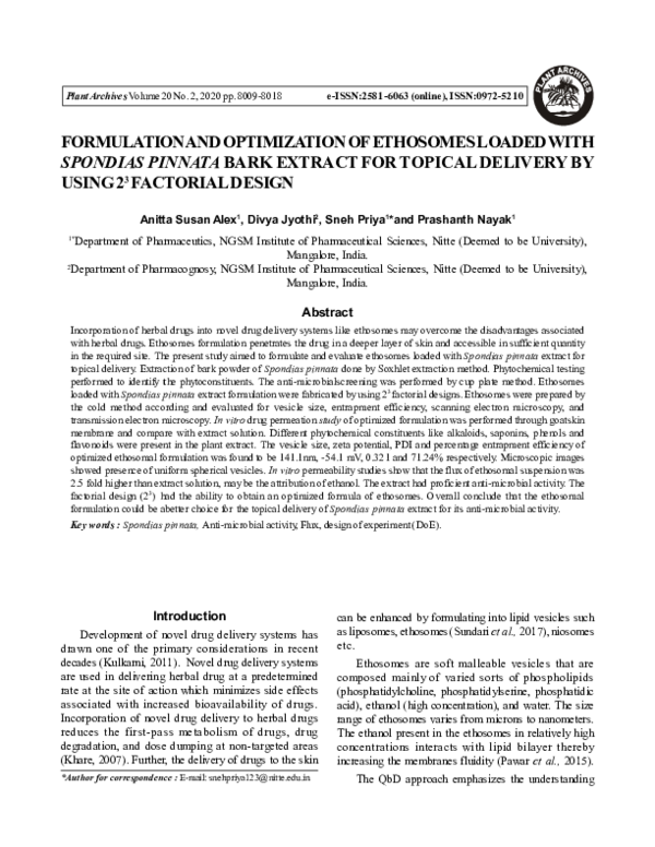Pdf Formulation And Optimization Of Ethosomes Loaded With Spondias Pinnata Bark Extract For