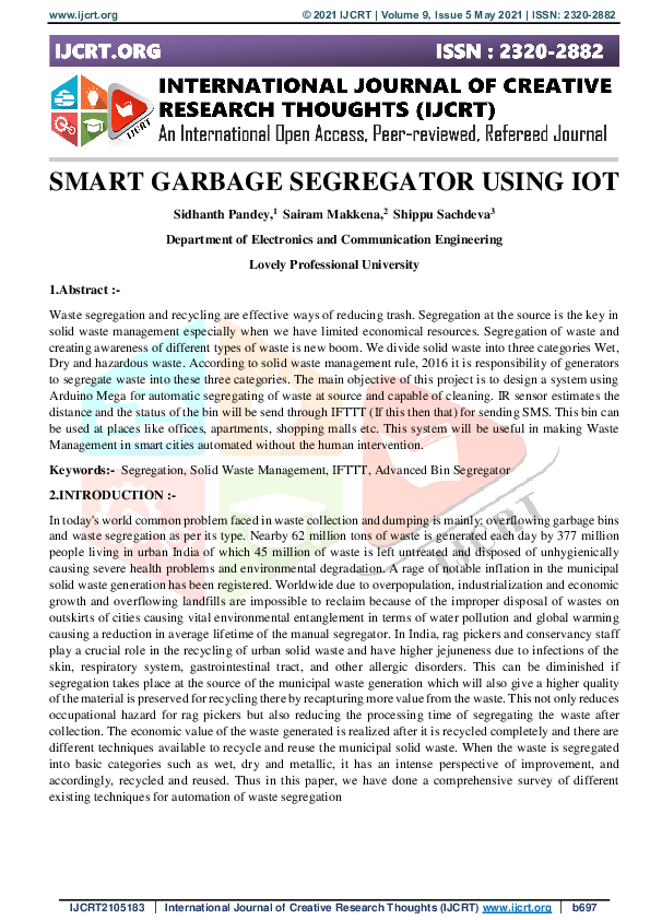 (PDF) Smart Garbage Segregator Using Iot