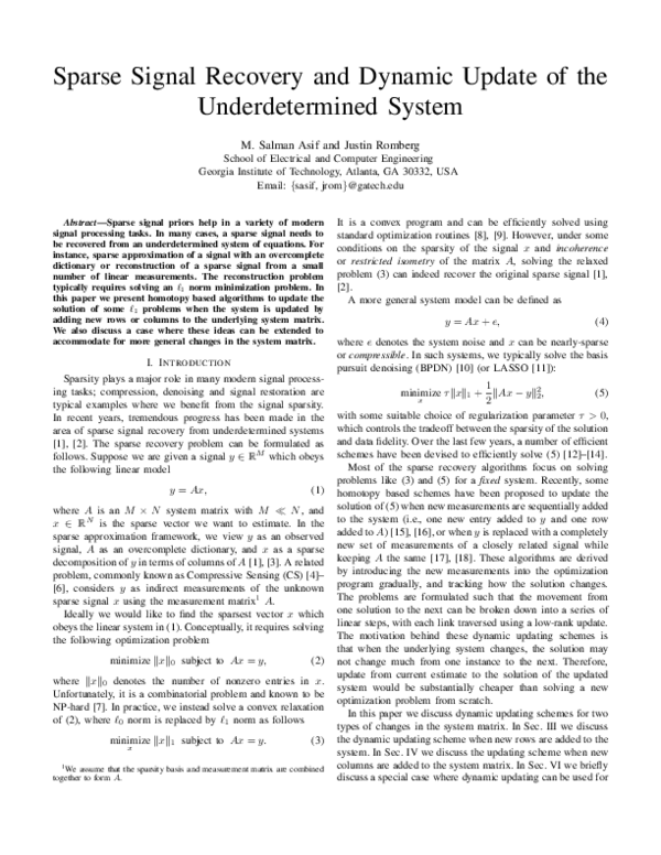 Pdf Sparse Signal Recovery And Dynamic Update Of The Underdetermined System Salman Asif