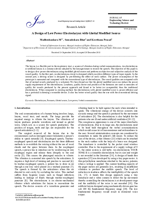 (PDF) A Design of Low Power Electrolarynx with Glottal Modified Source