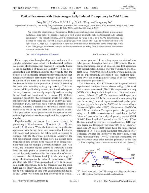 (PDF) Optical Precursors with Electromagnetically Induced Transparency ...