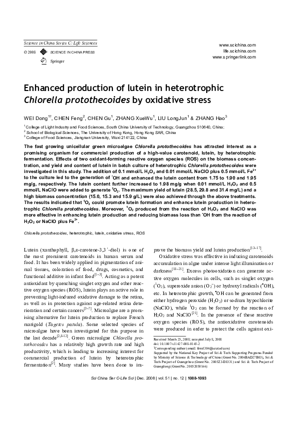(PDF) Enhanced production of lutein in heterotrophic Chlorella protothecoides by oxidative stress