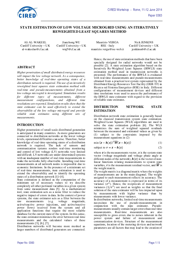 (PDF) State Estimation of Low Voltage Microgrid Using an Iteratively Reweighted Least Squares ...