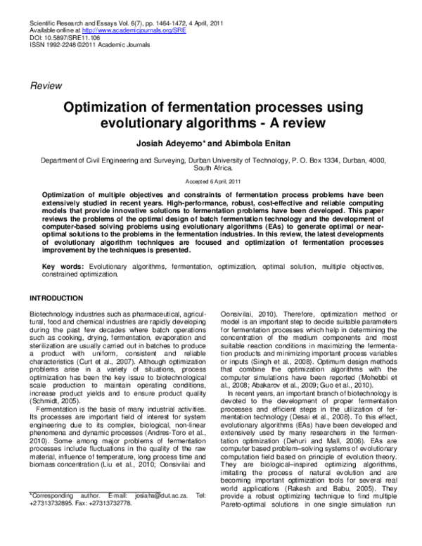 Pdf Optimization Of Fermentation Processes Using Evolutionary Algorithms A Review