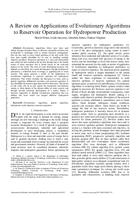 Pdf A Review On Applications Of Evolutionary Algorithms To Reservoir Operation For Hydropower