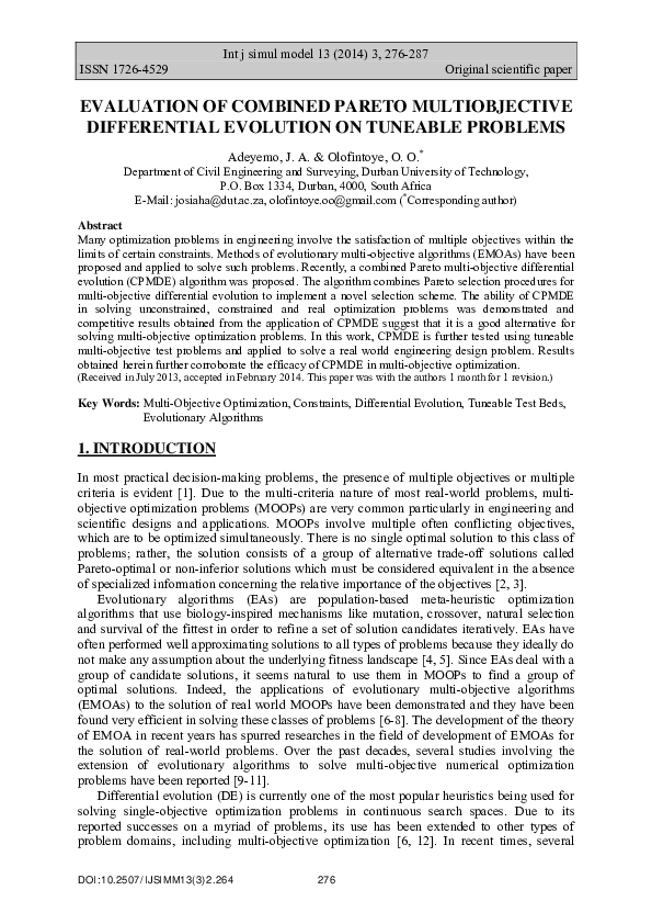 Pdf Evaluation Of Combined Pareto Multiobjective Differential Evolution On Tuneable Problems
