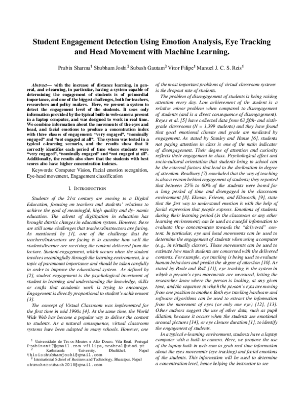 (PDF) Student Engagement Detection Using Emotion Analysis, Eye Tracking and Head Movement with ...