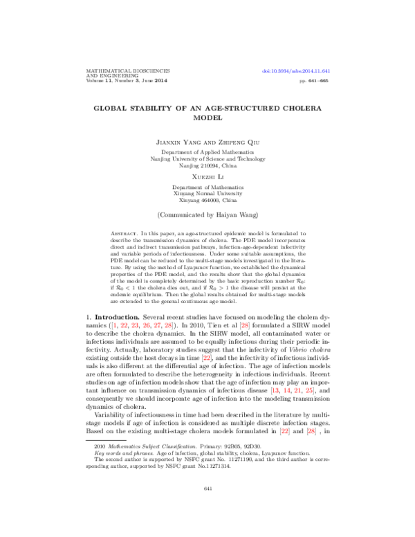 (PDF) Global stability of an age-structured cholera model | Xue-Zhi Li - Academia.edu
