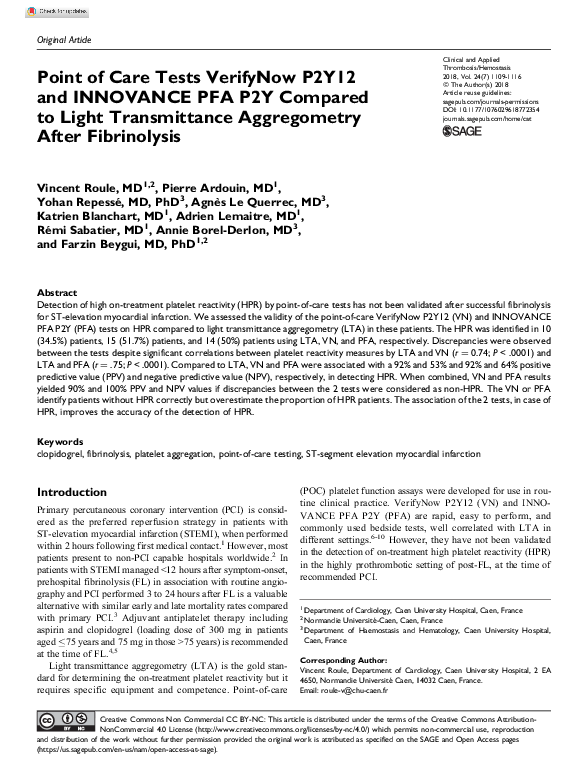 (PDF) Point of Care Tests VerifyNow P2Y12 and INNOVANCE PFA P2Y ...