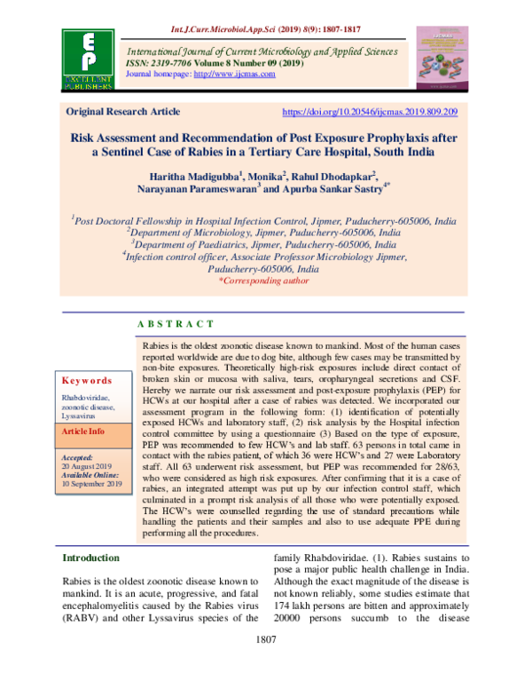 (PDF) Risk Assessment and Recommendation of Post Exposure Prophylaxis ...