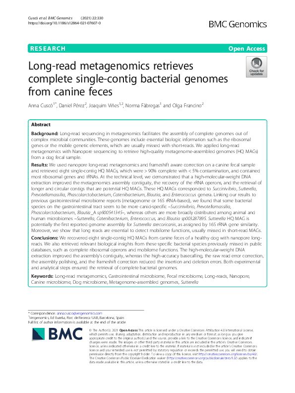 (PDF) Long-read metagenomics retrieves complete single-contig bacterial genomes from canine feces