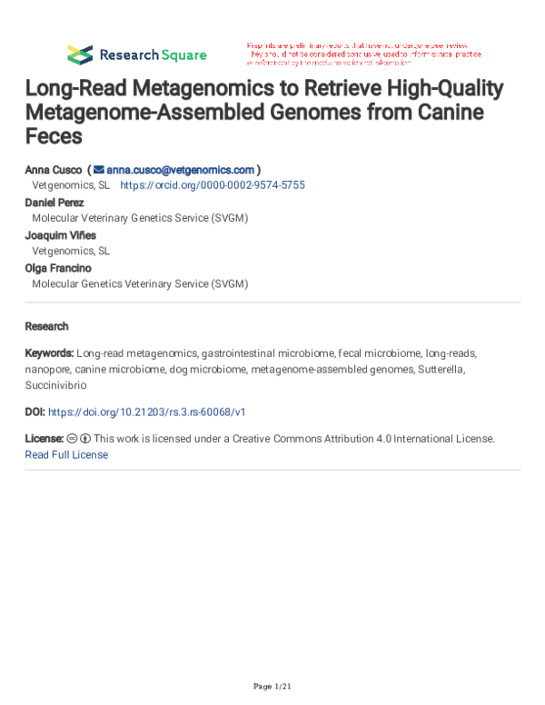 (PDF) Long-Read Metagenomics to Retrieve High-Quality Metagenome-Assembled Genomes from Canine Feces