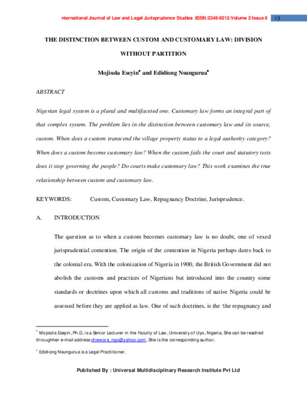 (PDF) The Distinction Between Custom and Customary Law: Division ...