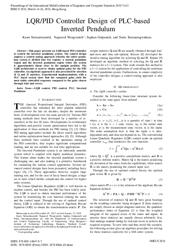 Pdf Lqr Pid Controller Design Of Plc Based Inverted Pendulum