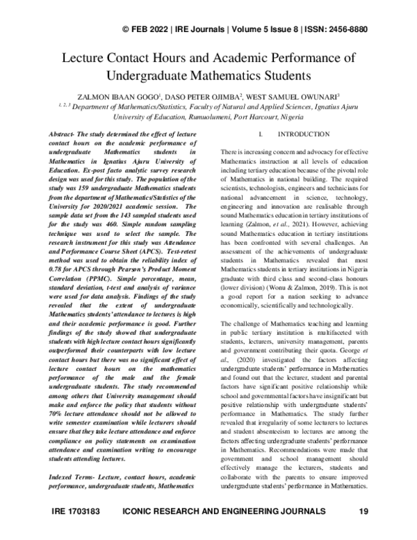 (PDF) Lecture Contact Hours and Academic Performance of Undergraduate ...