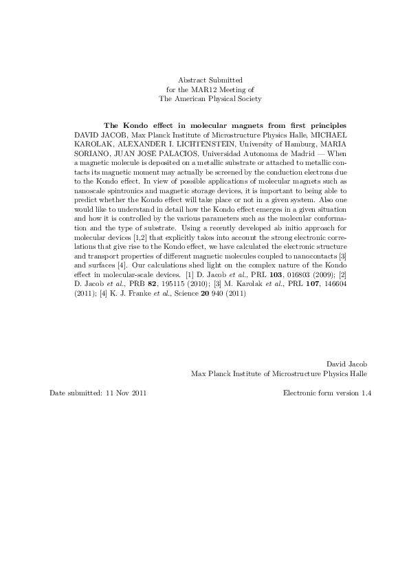 (PDF) The Kondo effect in molecular magnets from first principles
