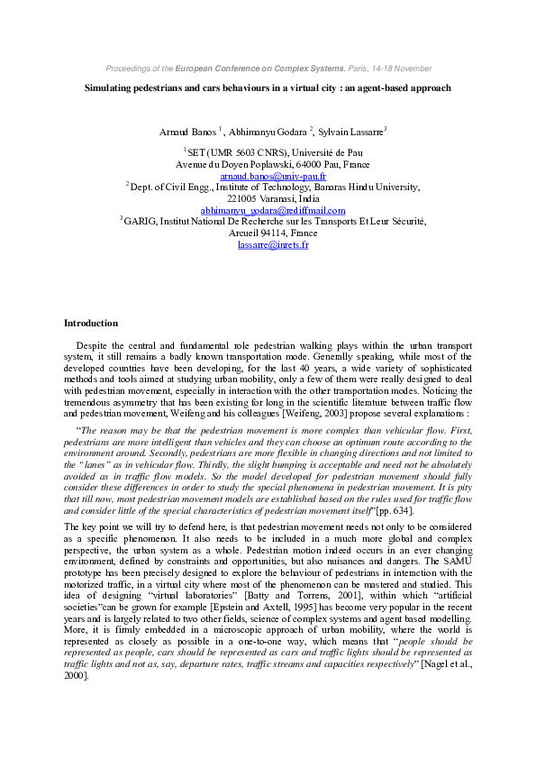 (PDF) Simulating pedestrians and cars behaviours in a virtual city: an agent-based approach