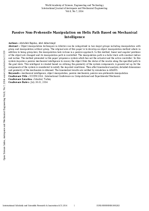 (PDF) Passive Non-Prehensile Manipulation on Helix Path Based on Mechanical Intelligence