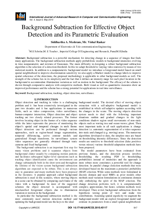 Pdf Background Subtraction For Effective Object Detection And Its