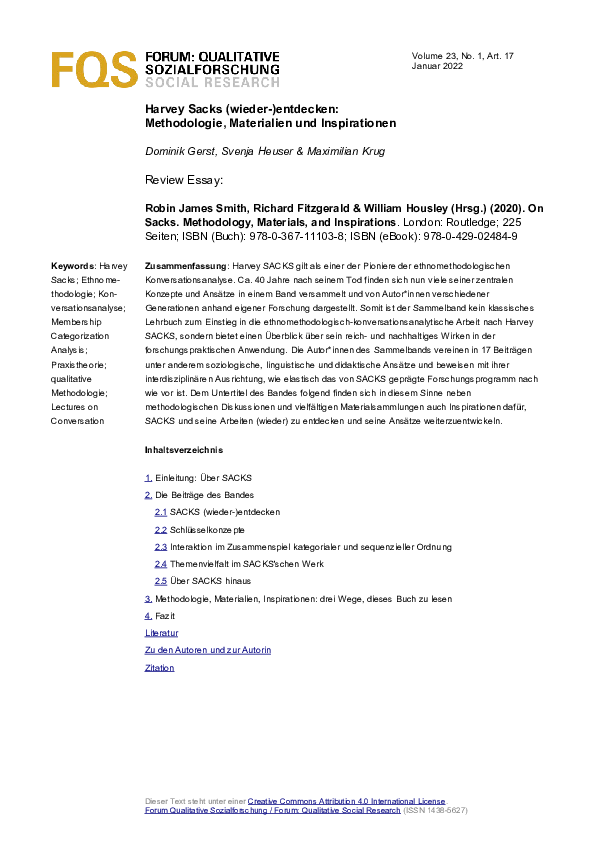 (PDF) Harvey Sacks (wieder-)entdecken: Methodologie, Materialien und ...
