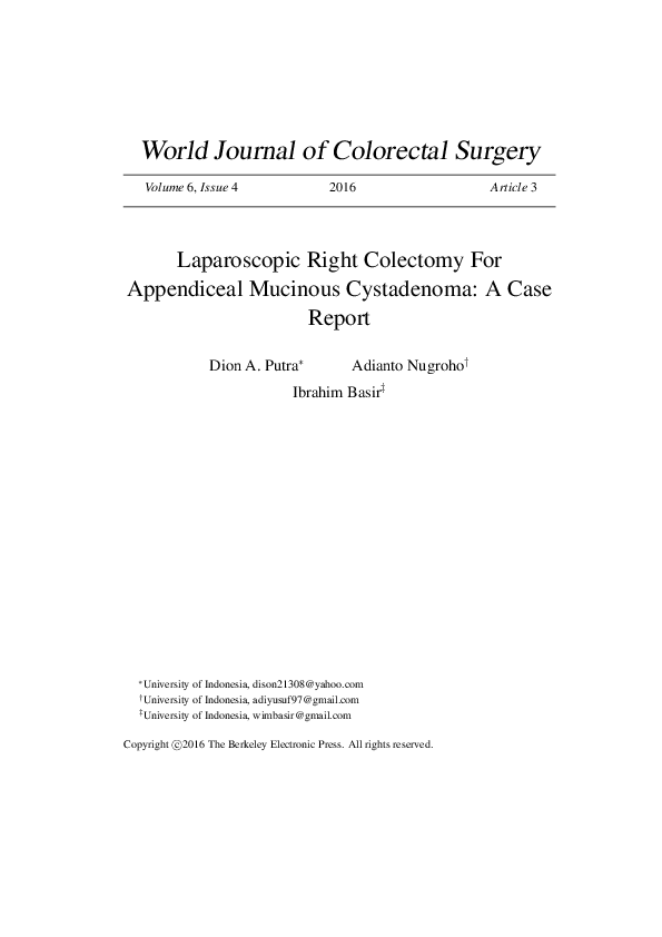 (PDF) Laparoscopic Right Colectomy For Appendiceal Mucinous Cystadenoma: A Case Report