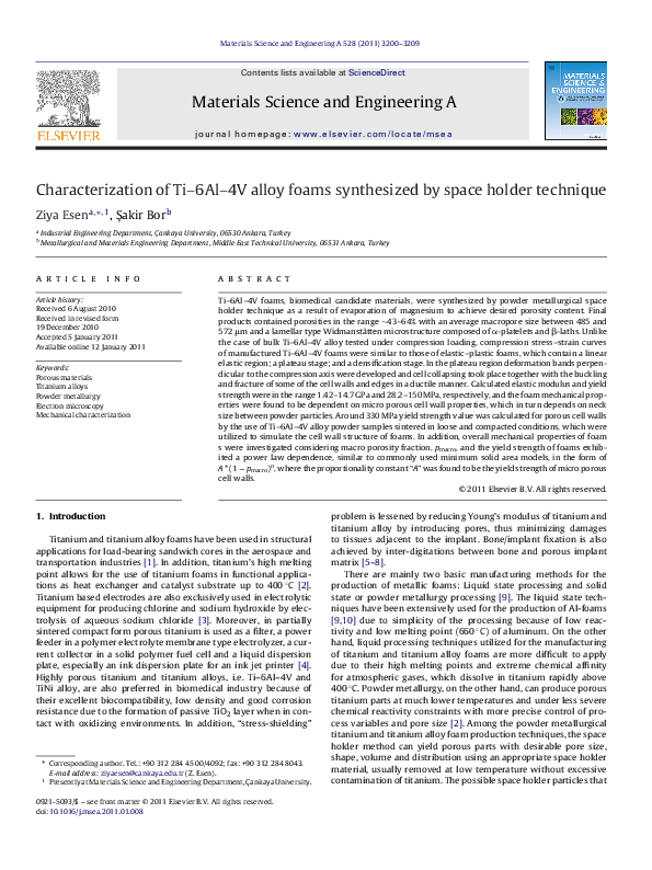 (PDF) Characterization of Ti–6Al–4V alloy foams synthesized by space holder technique