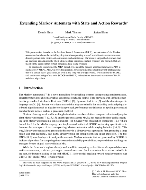 (PDF) Extending Markov Automata with State and Action Rewards