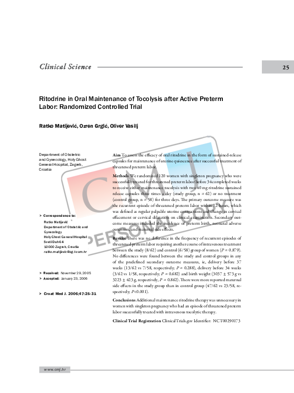 (PDF) Ritodrine in oral maintenance of tocolysis after active preterm ...