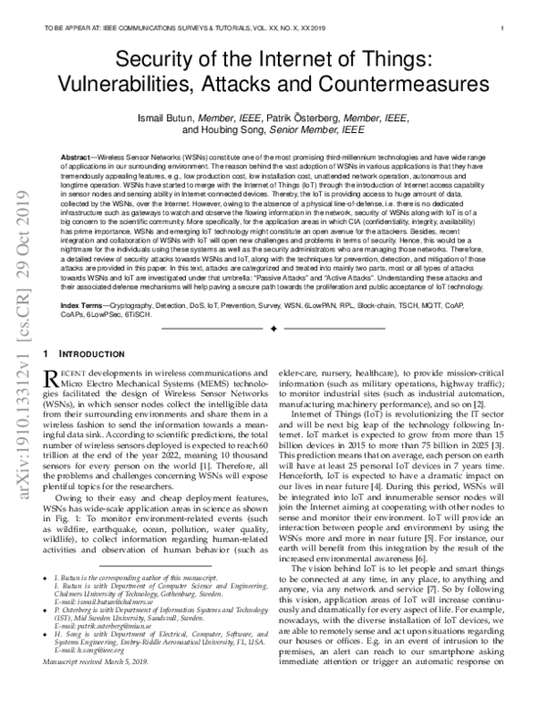 Pdf Security Of The Internet Of Things Vulnerabilities Attacks And Countermeasures