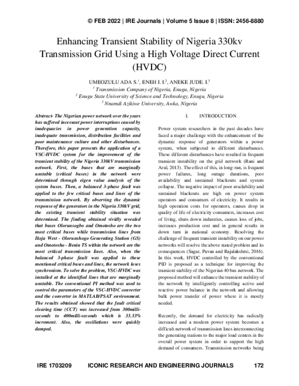 (PDF) Enhancing Transient Stability of Nigeria 330kv Transmission Grid Using a High Voltage ...