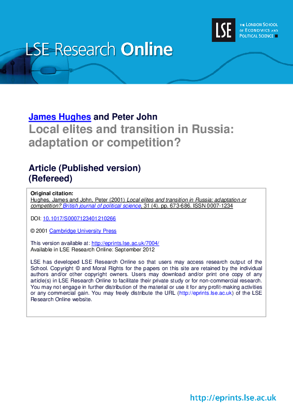 (PDF) Local elites and transition in Russia: adaptation or competition?