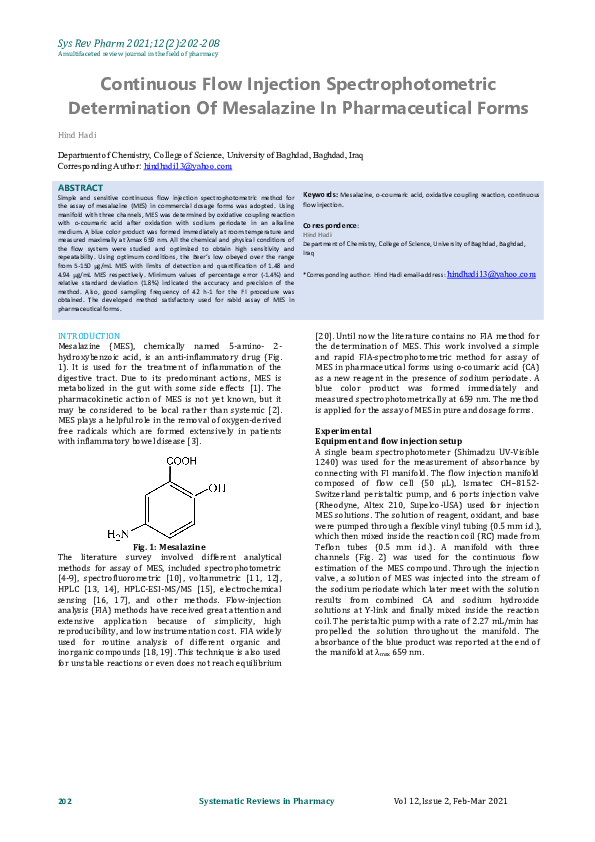 (PDF) Continuous Flow Injection Spectrophotometric Determination Of Mesalazine In Pharmaceutical ...
