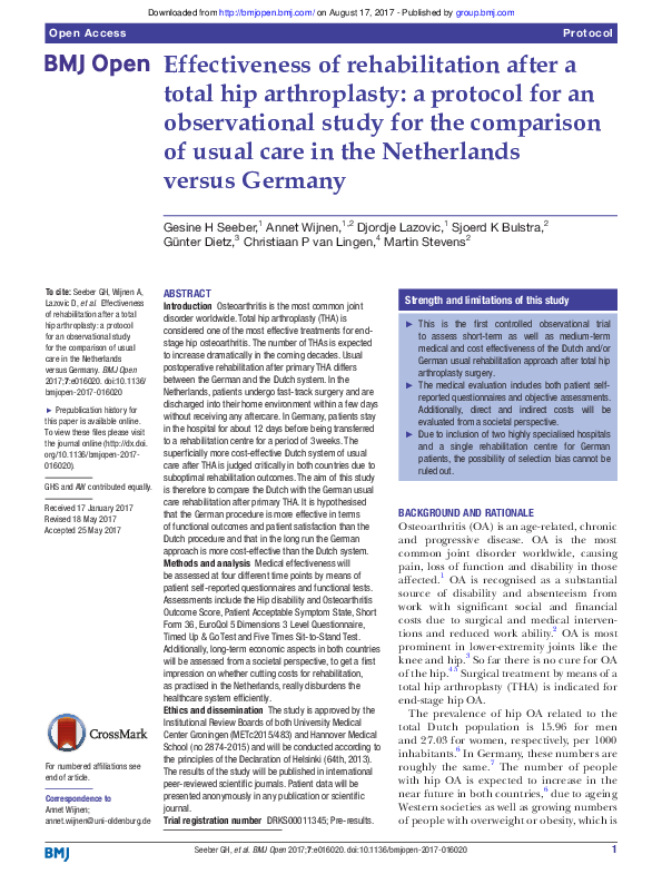 (PDF) Effectiveness of rehabilitation after a total hip arthroplasty: a ...