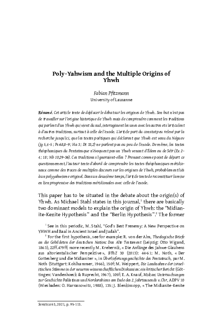 (PDF) Poly-Yahwism and the Multiple Origins of Yhwh