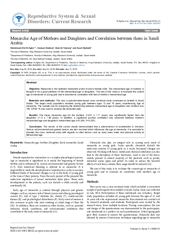 (PDF) Menarche Age of Mothers and Daughters and Correlation between ... (PDF) Menarche Age of Mothers and Daughters and Correlation between ...