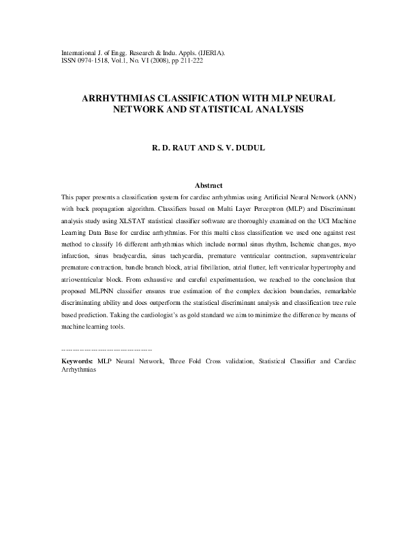 (PDF) Arrhythmias Classification with MLP Neural Network and Statistical Analysis