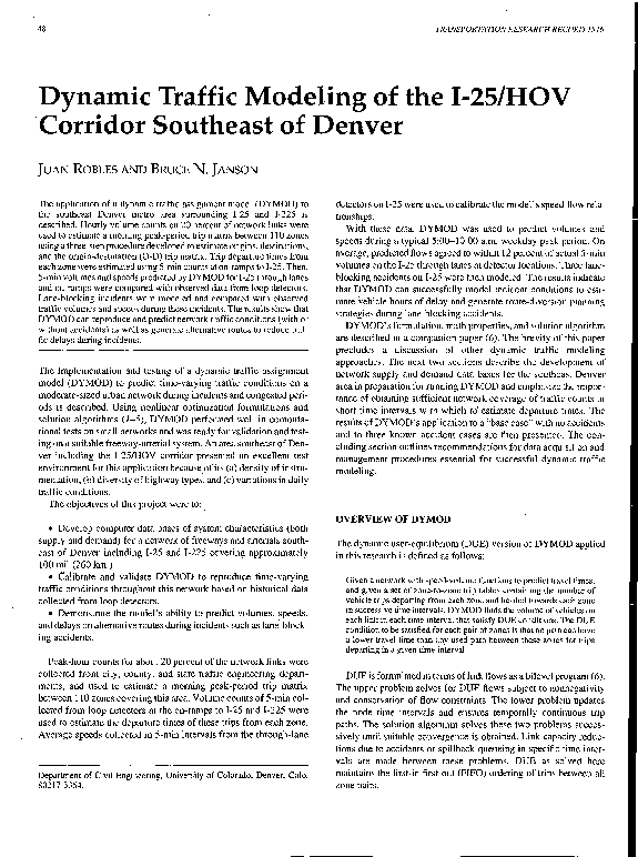 (PDF) Dynamic traffic modeling of the I-25/HOV corridor southeast of Denver