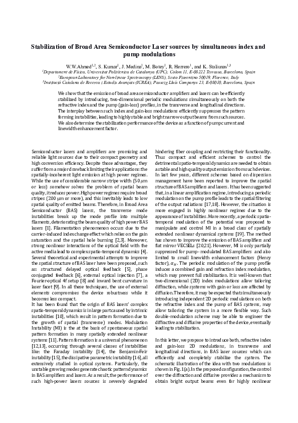 (PDF) Stabilization of broad area semiconductor lasers