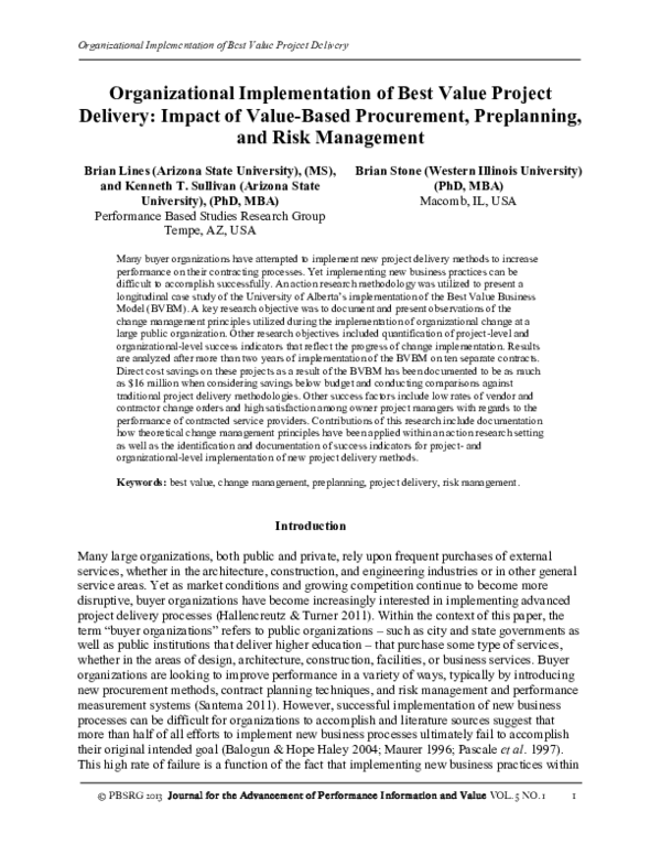 (PDF) Organizational Implementation of Best Value Project Delivery ...