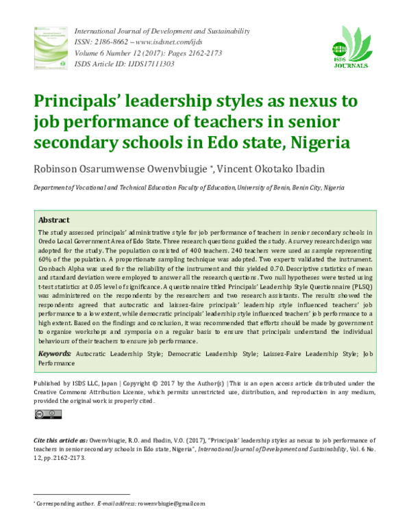 (PDF) Principals’ leadership styles as nexus to job performance of teachers in senior secondary ...