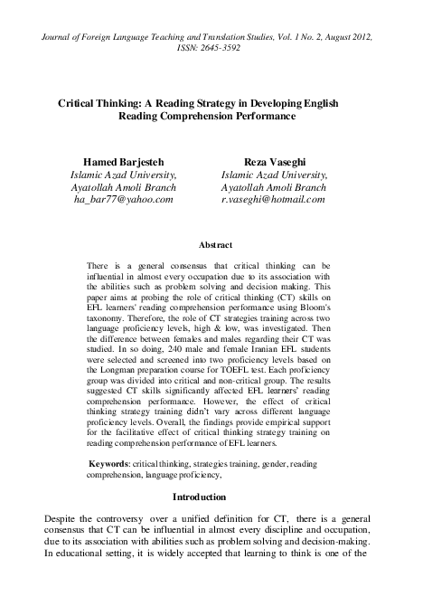 (PDF) Critical Thinking: A Reading Strategy in Developing English ...