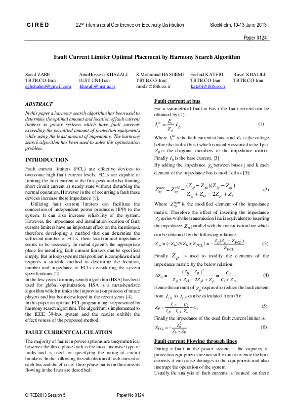 (PDF) Fault Current Limiter Optimal Placement by Harmony Search Algorithm