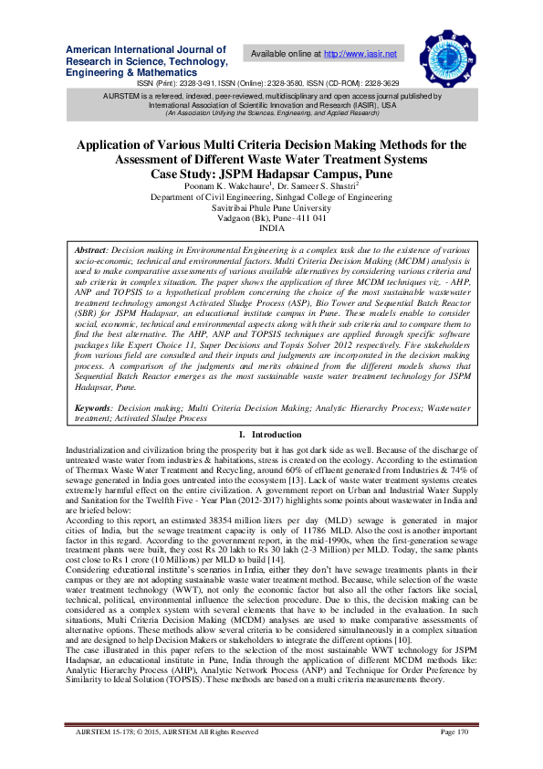 (PDF) Application of Various Multi Criteria Decision Making Methods for ...