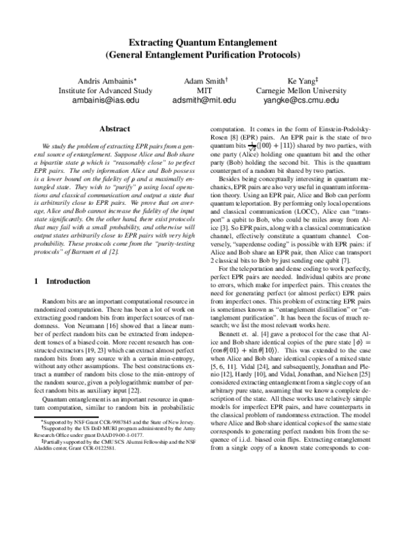 (PDF) Extracting quantum entanglement (general entanglement purification protocols)