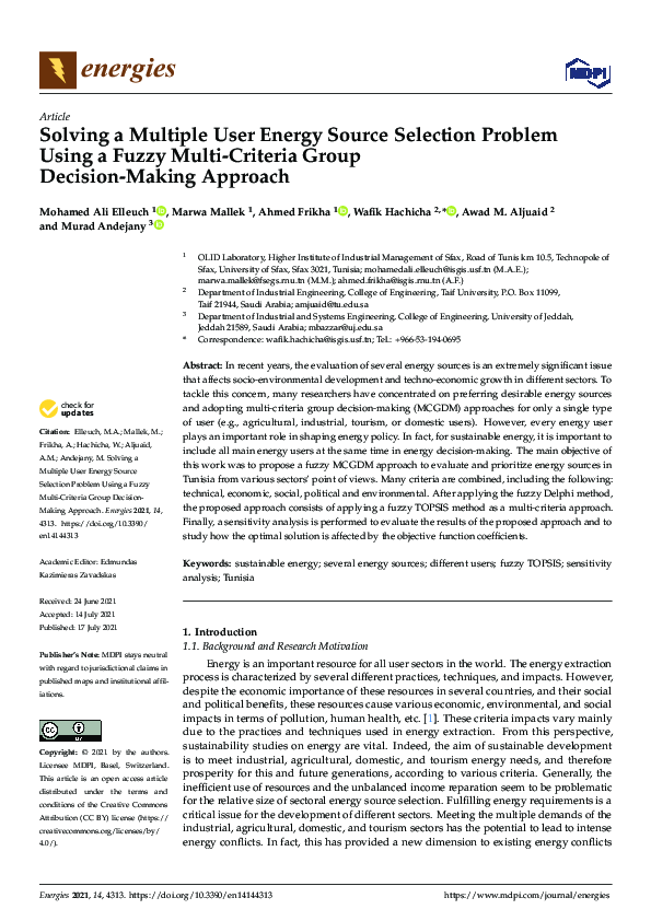 Pdf Solving A Multiple User Energy Source Selection Problem Using A