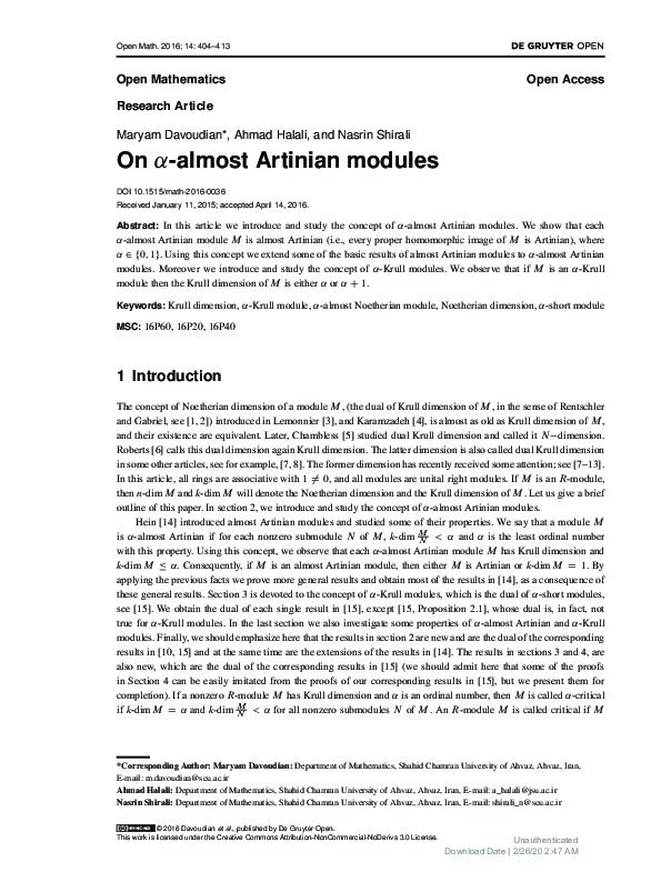 (PDF) On α-almost Artinian modules
